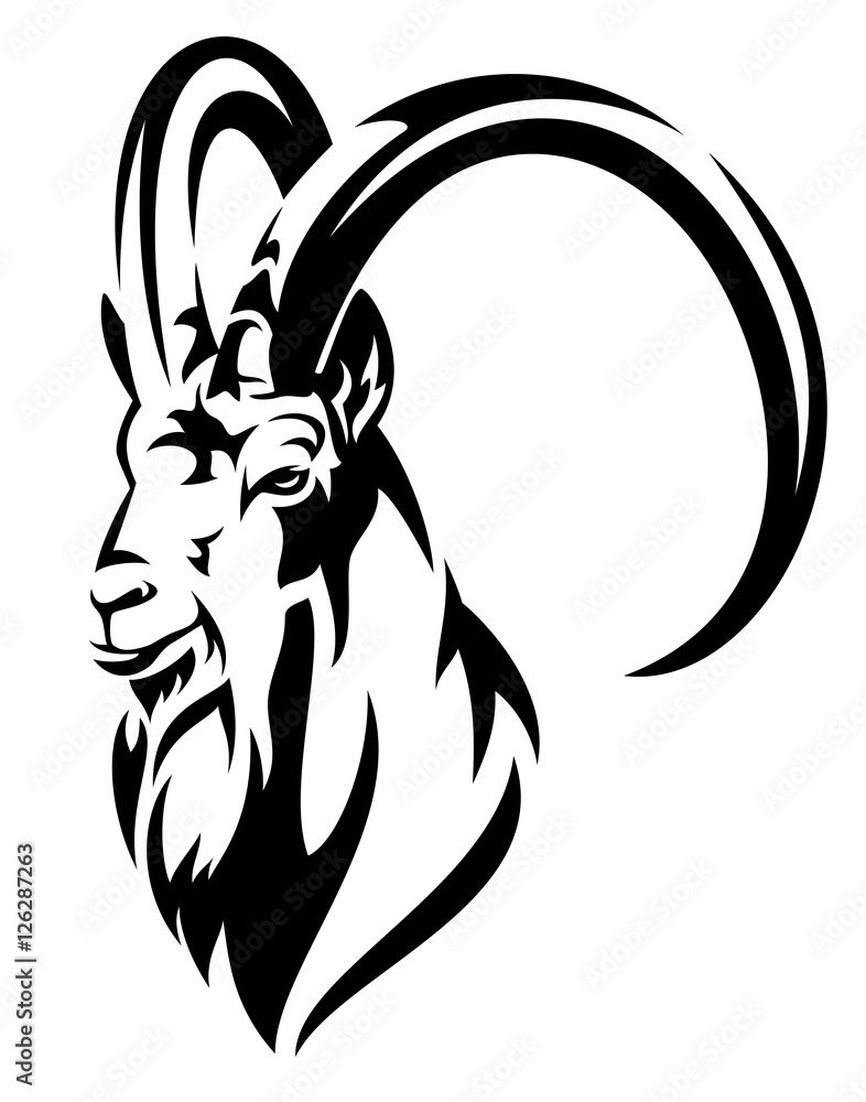 mountain goat head black and white vector design Stock Vector | Adobe Stock