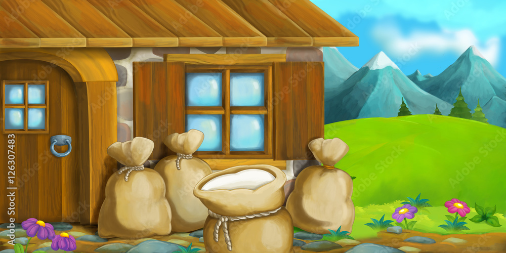 Cartoon scene of traditional wooden farm house - illustration for ...