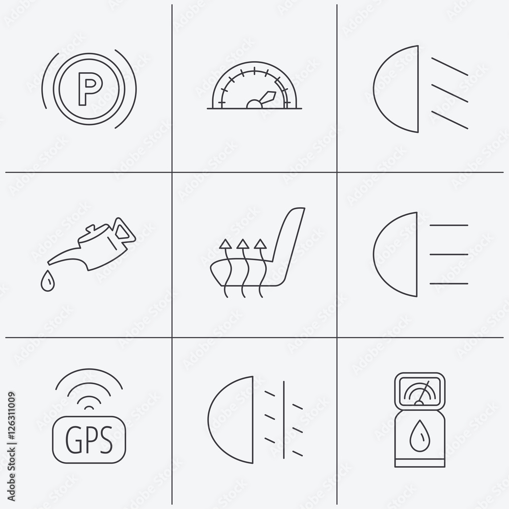 Motor oil, passing fog lights and gps icons. Speedometer, parking and ...