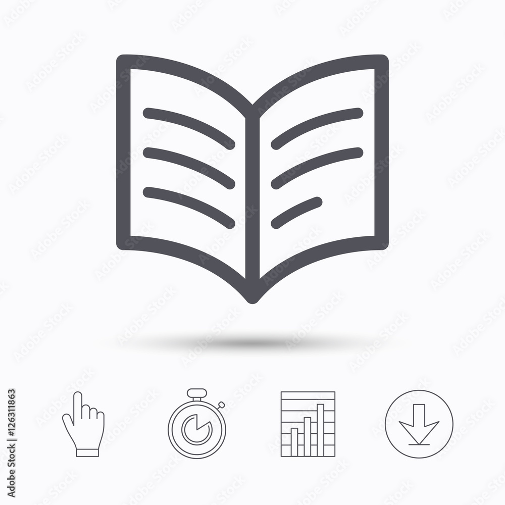 Book icon. Study literature sign. Education textbook symbol. Stopwatch ...