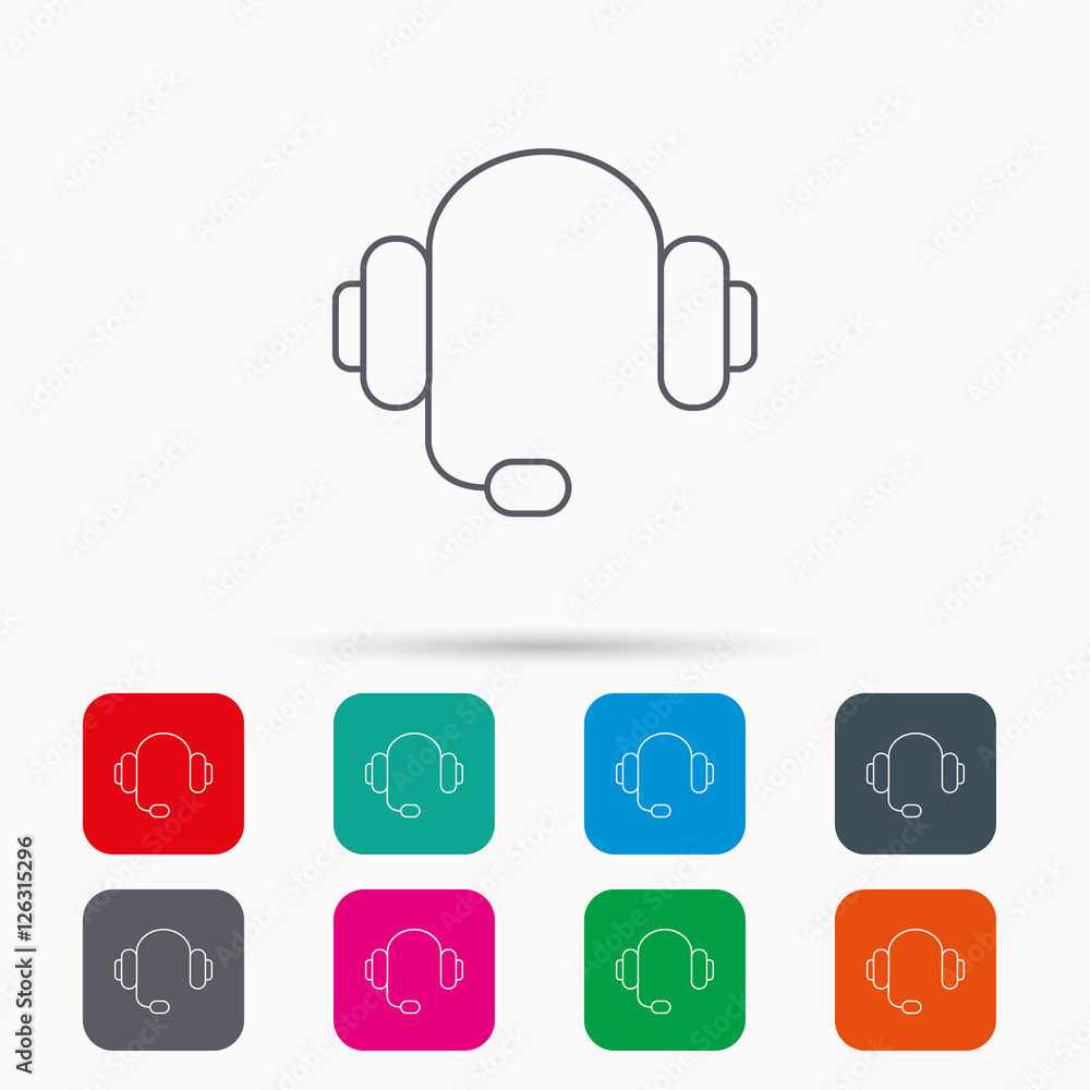 Headphones with microphone icon. Musical notes signs. Linear icons in ...