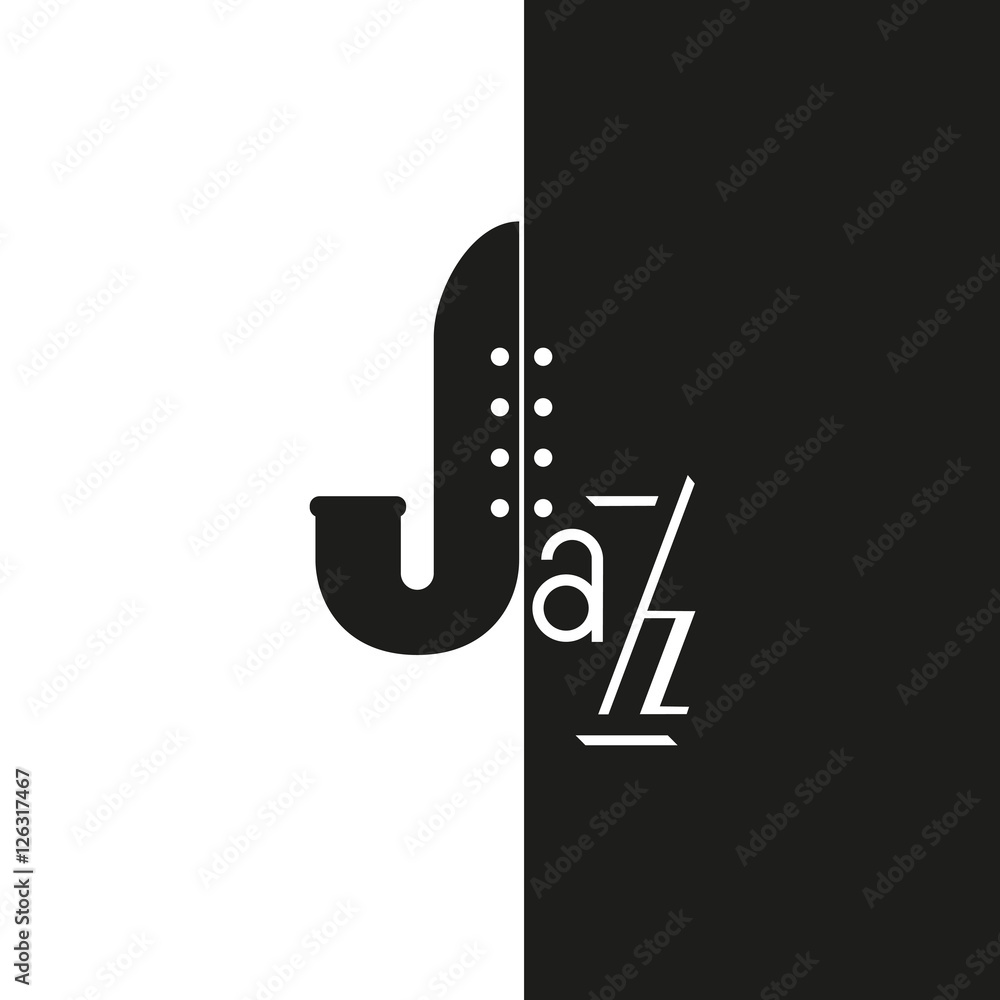 Vintage music icon concept. Freehand drawn style jazz logo. Black white ...