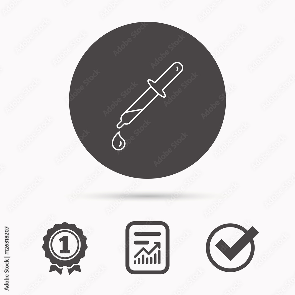 Pipette icon. Laboratory analysis sign. Report document, winner award ...