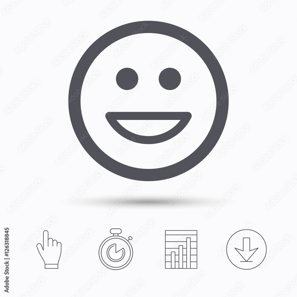Happy smile icon. Smiley laugh emoticon symbol. Stopwatch timer. Hand ...
