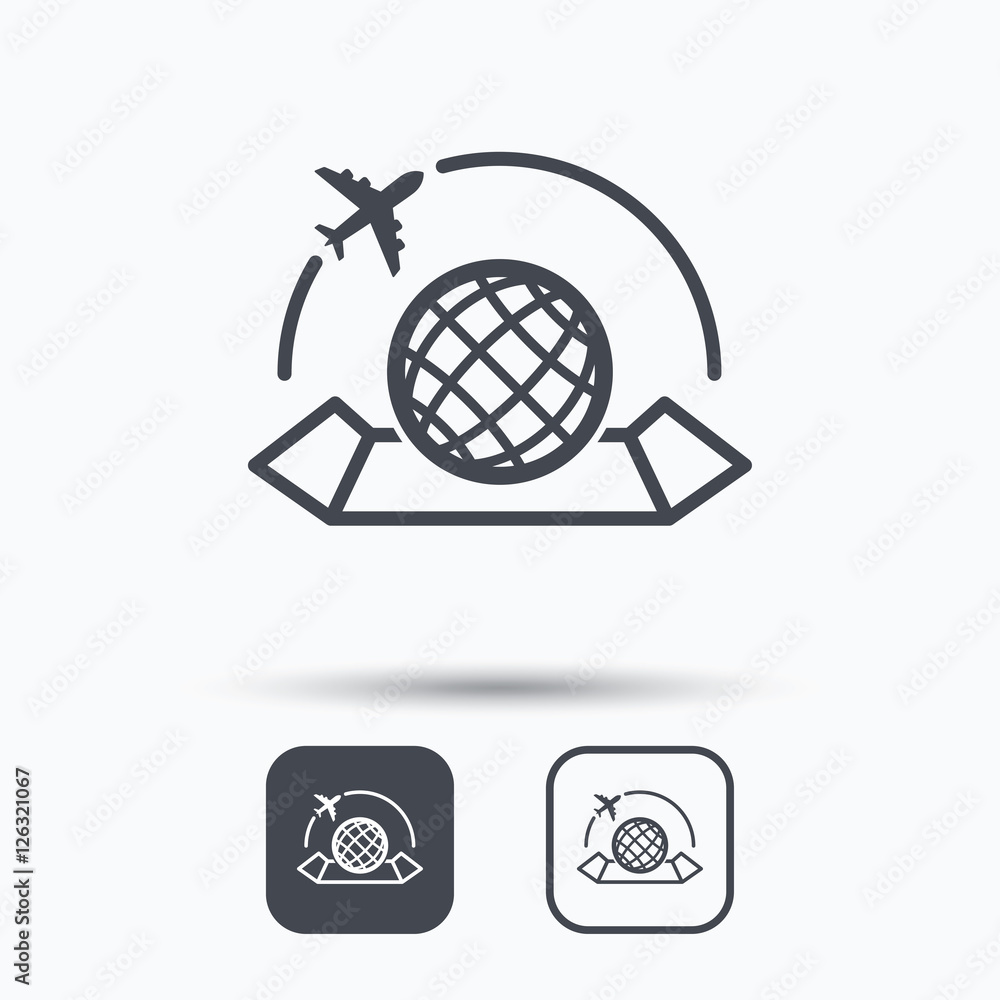 World map icon. Globe with airplane sign. Plane travel symbol. Square ...