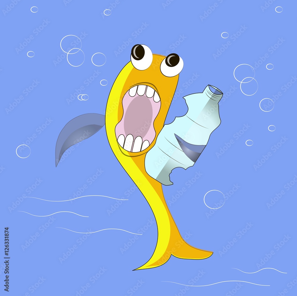 Yellow fish eating plastic bottle in blue ocean, rubbish pollution ...