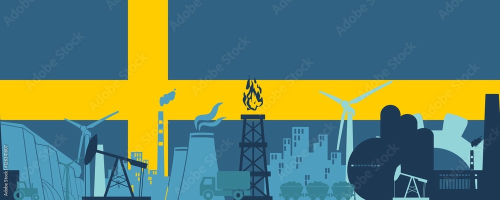 Energy and Power icons set on Sweden flag backdrop. Header or footer ...