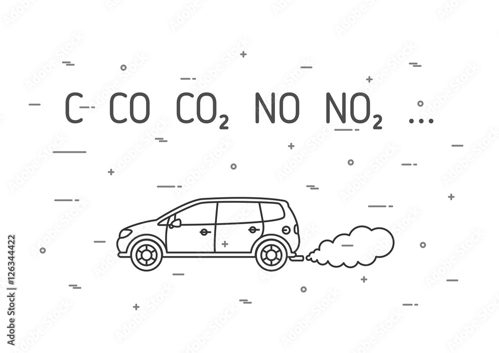 Car exhaust fumes vector illustration. CO2, NO2 emissions line art ...