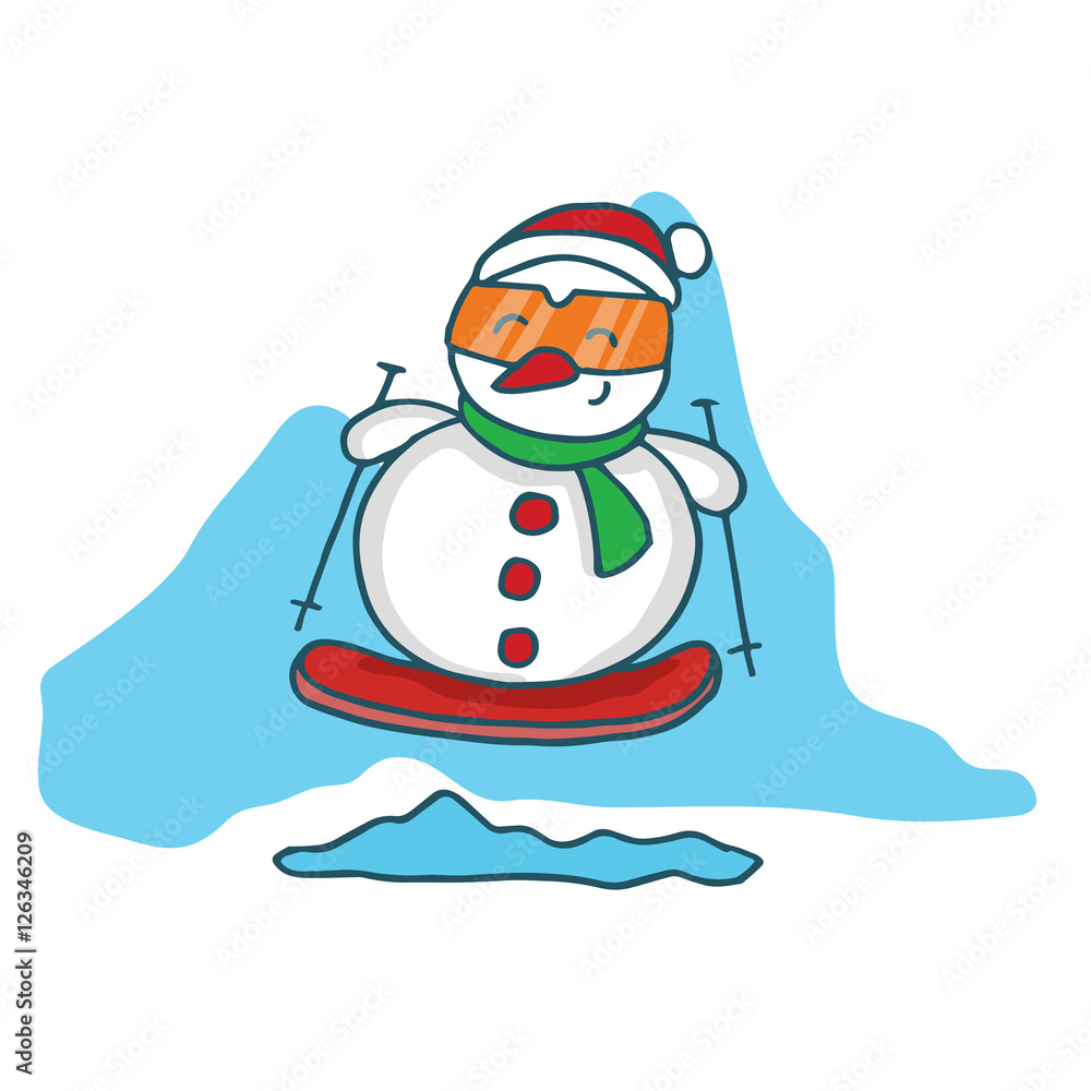 Snowman with surfing board cartoon Stock Vector | Adobe Stock