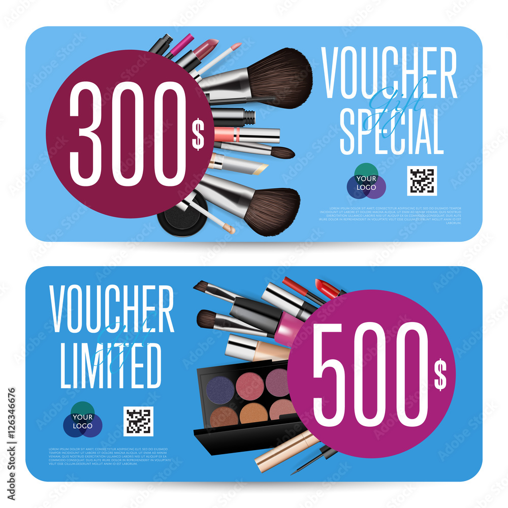 Cosmetics gift voucher template. Gift coupon with fashion makeup ...