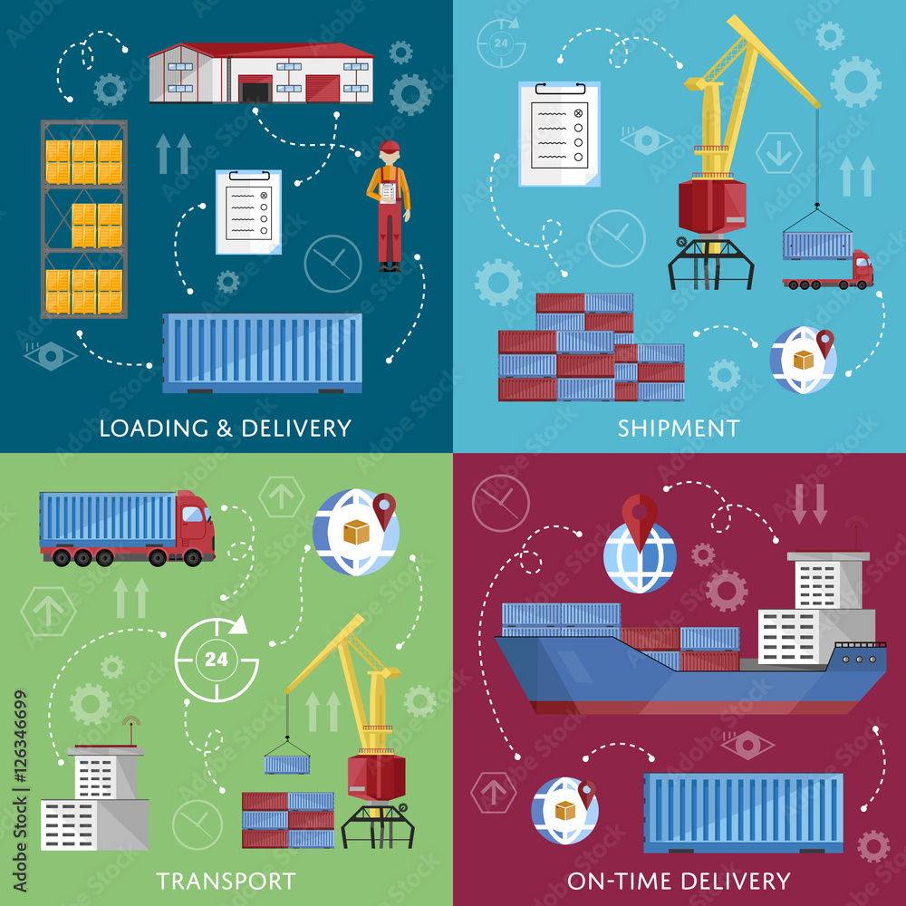 Sea port design concept set with container cargo and shipment flat ...