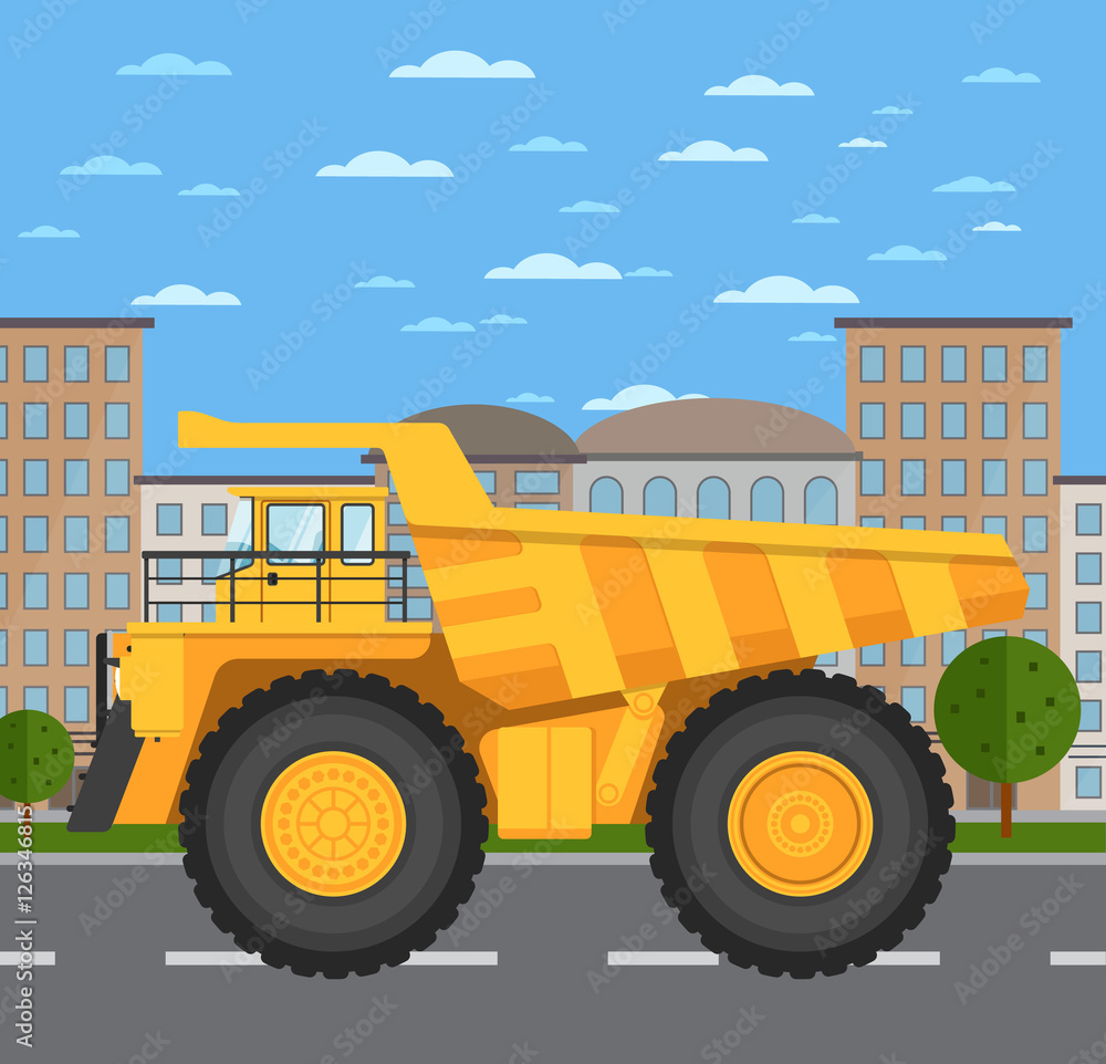 Big yellow mining truck on road in city vector illustration. Urban ...