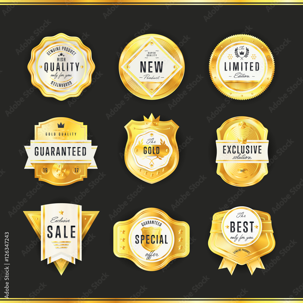 Gold metal badge collection vintage style isolated vector illustration ...