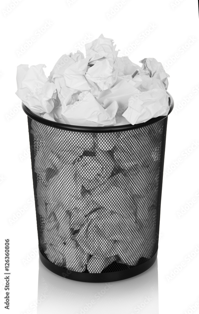 Trash can overflowing with crumpled paper isolated on white. Stock ...