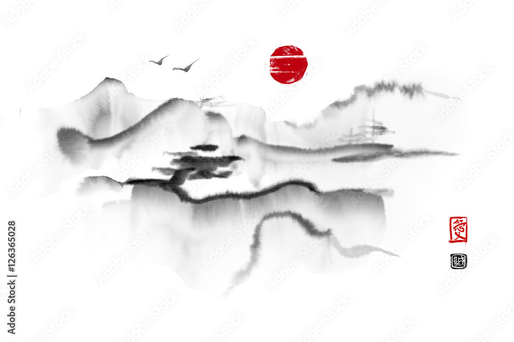 Mountain mist landscape Japanese style original sumi-e ink painting ...