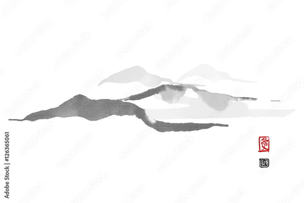 Mountain mist landscape Japanese style original sumi-e ink painting ...