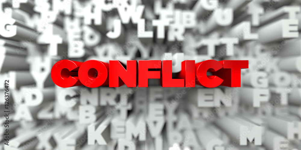CONFLICT - Red text on typography background - 3D rendered royalty free ...