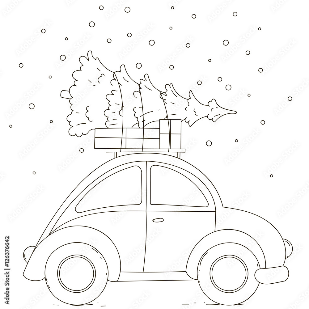 Vector illustration Christmas car. Isolated black contour on a white ...