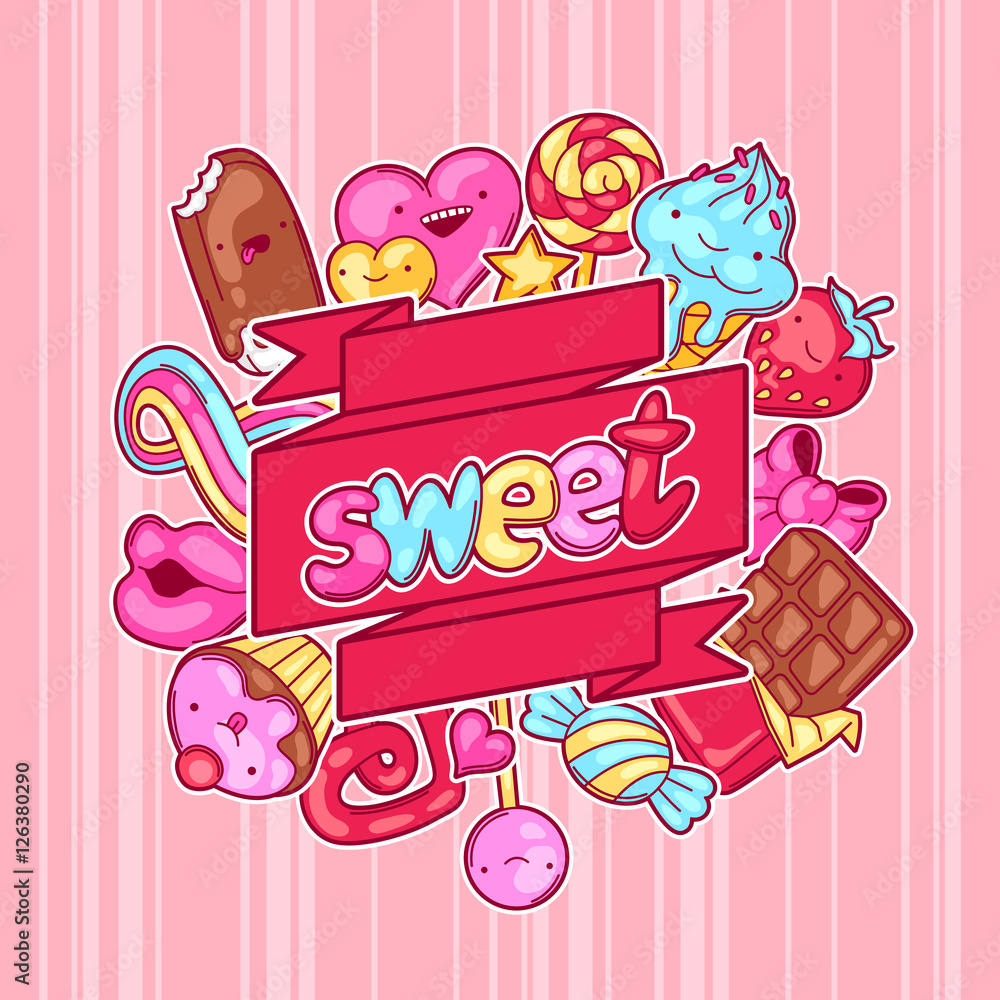 Kawaii background with sweets and candies. Crazy sweet-stuff in cartoon ...