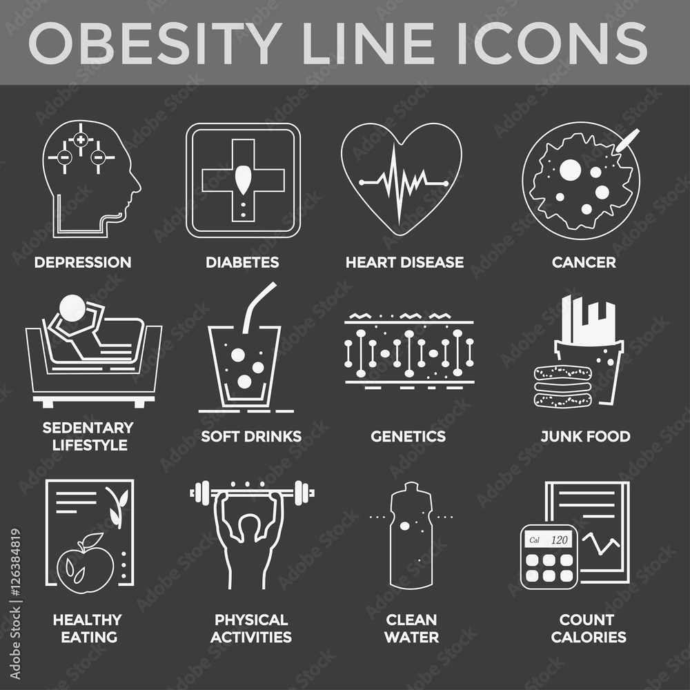 Obesity icons set. Concept of obesity and sedentary lifestyle. Black ...