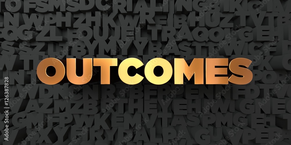 Outcomes - Gold text on black background - 3D rendered royalty free ...