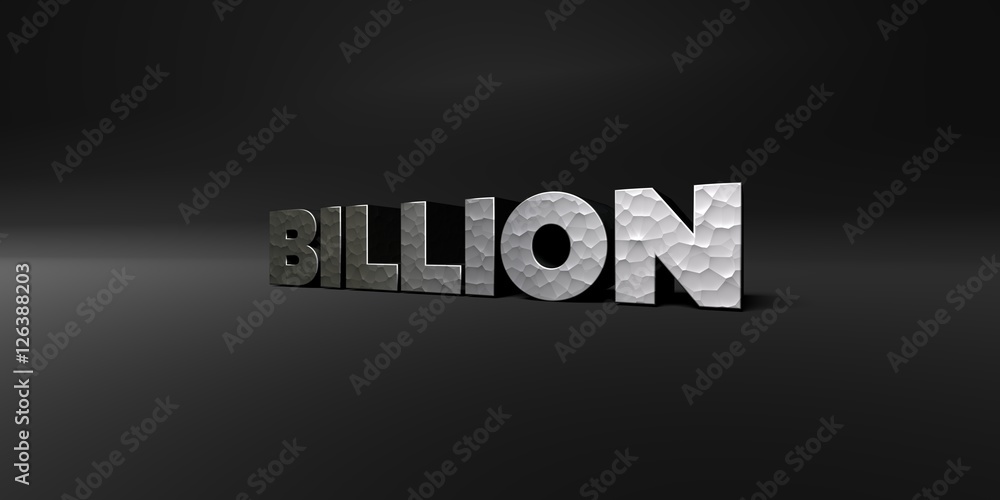 BILLION - hammered metal finish text on black studio - 3D rendered ...