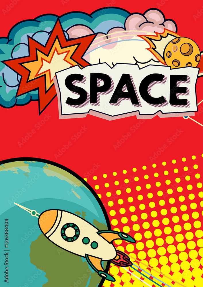Cartoon vector illustration of space. Moon, planet, rocket, earth ...