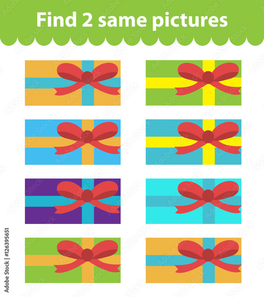 Children's educational game. Find two same pictures. Set of gifts, for ...