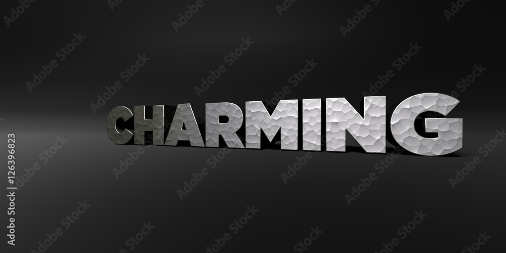 CHARMING - hammered metal finish text on black studio - 3D rendered ...
