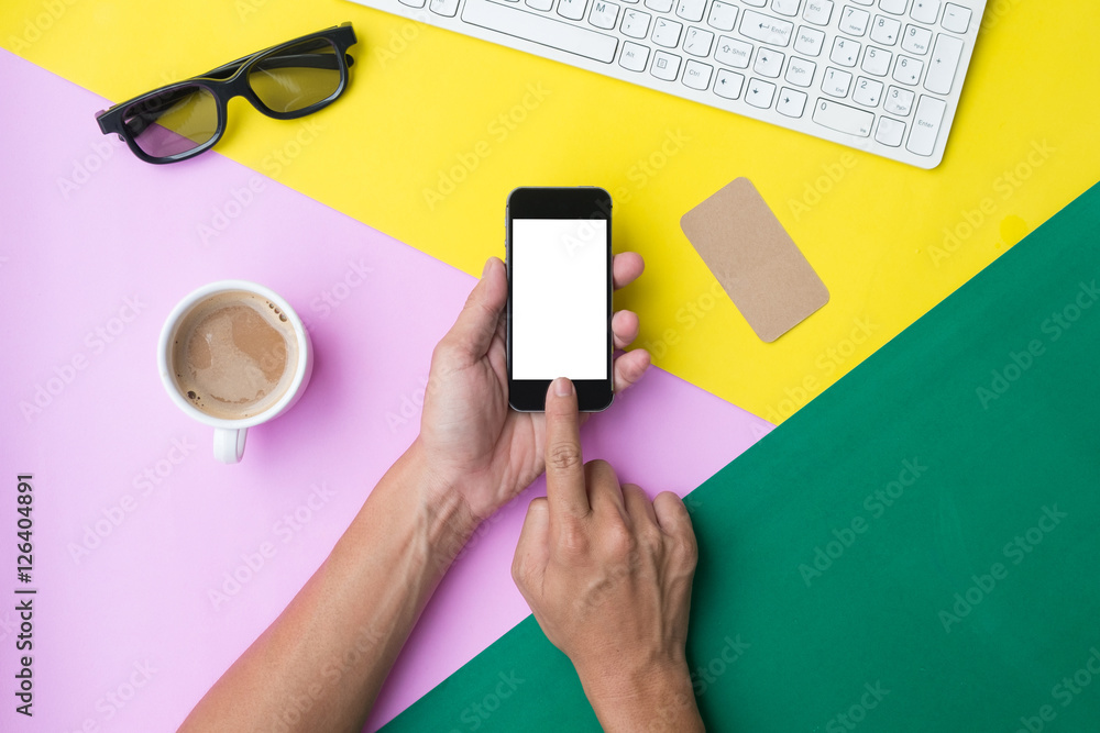 Flat lay hand using phone Stock Photo | Adobe Stock