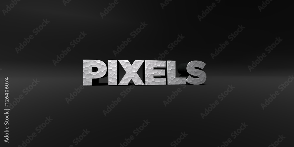 PIXELS - hammered metal finish text on black studio - 3D rendered ...