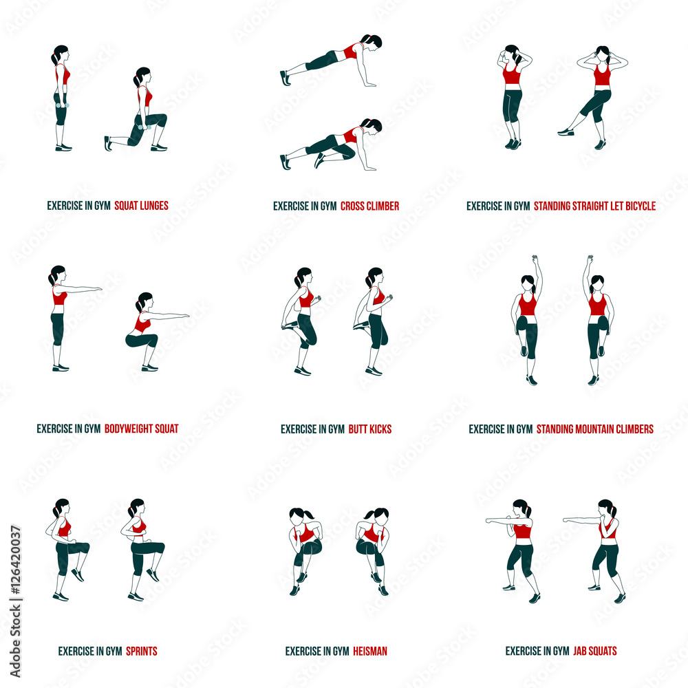 Fitness, Aerobic and workout exercise in gym. Vector set of workout ...