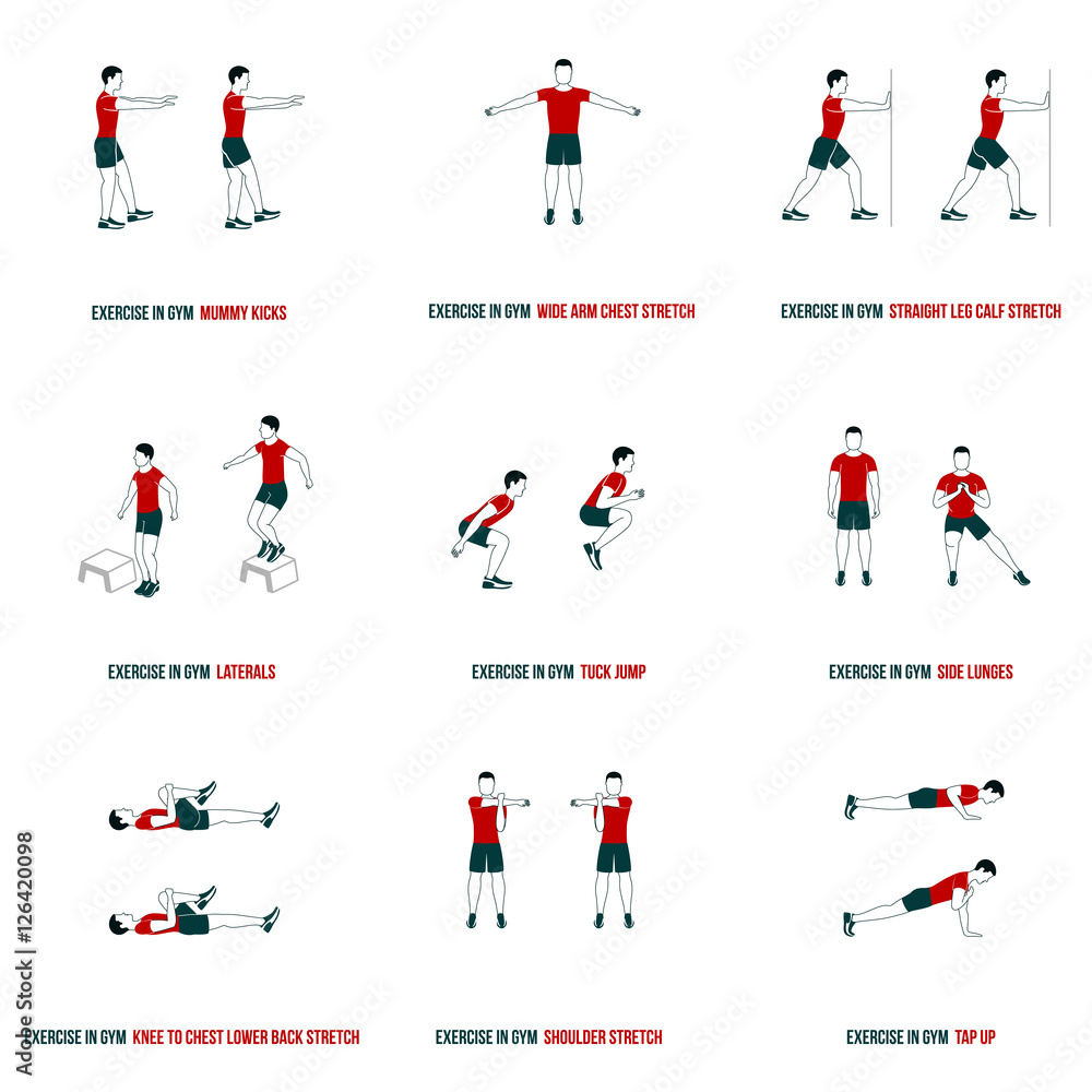 Fitness, Aerobic and workout exercise in gym. Vector set of workout ...