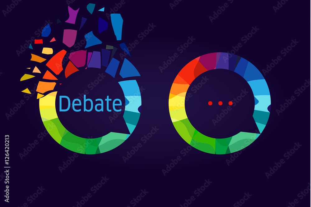 The debate or discussion concept. Broken colorful pieces in the shape ...