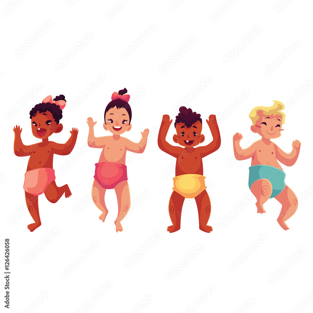Set of cute little babies, boys and girls, dancing happily, cartoon ...