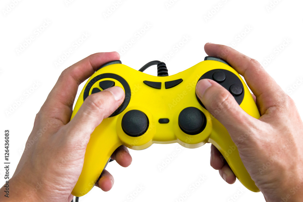 gamer hand holding yellow game controller on white background Stock ...