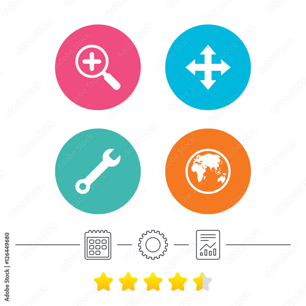 Magnifier glass and globe search icons. Fullscreen arrows and wrench ...