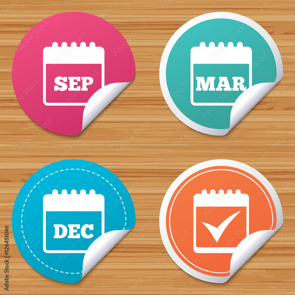 Round stickers or website banners. Calendar icons. September, March and ...