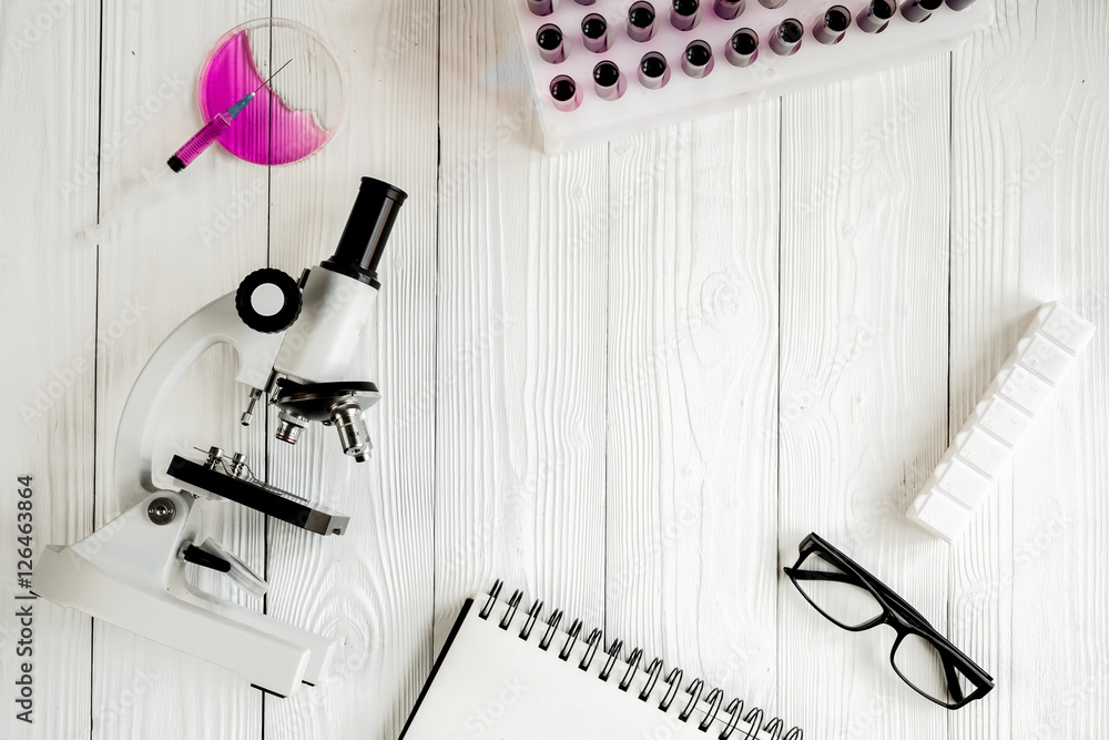 doctor workplace at wooden table in lab top view Stock Photo | Adobe Stock