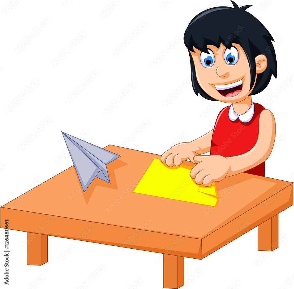 funny little girl cartoon playing folding paper Stock Vector | Adobe Stock