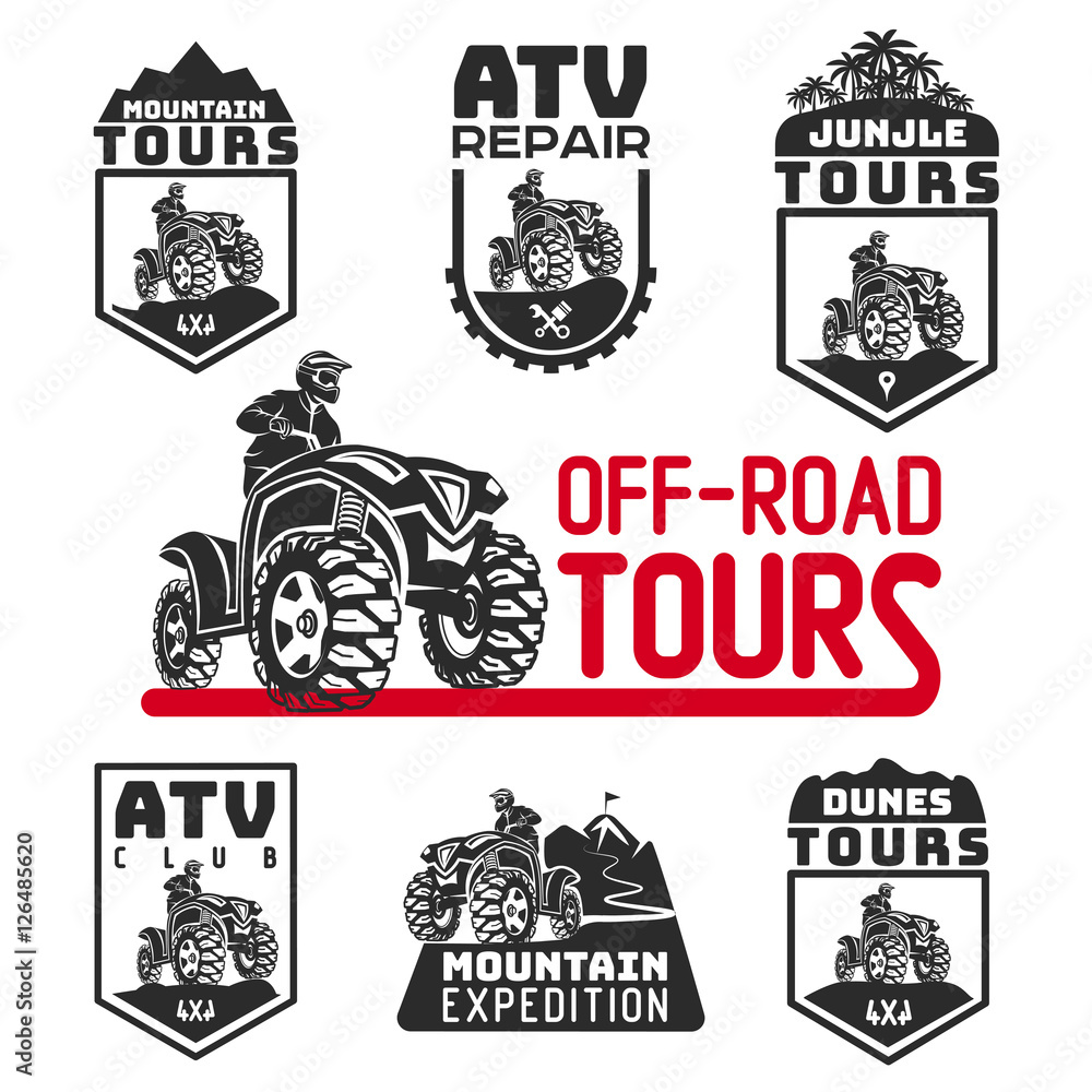 Set of ATV vehicle logo and emblems. All-terrain 4x4 quad illustration ...