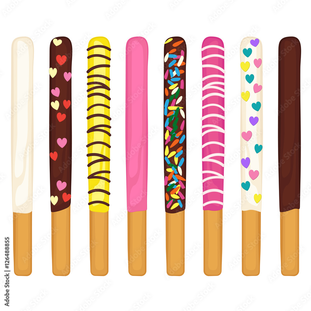 Vector illustration of chocolate dipped cookie sticks on white ...