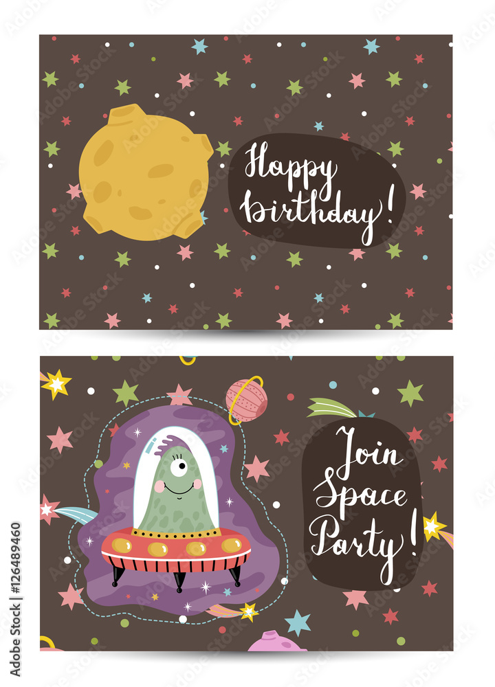 Happy birthday cartoon greeting card on space theme. Cute jelly alien ...