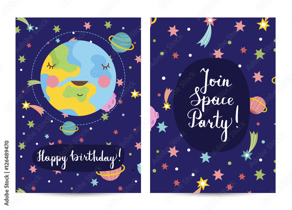 Happy birthday cartoon greeting card on space theme. Cute smiling Earth ...