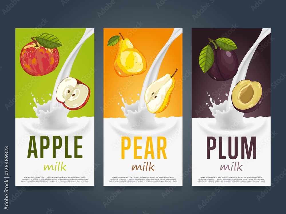 Milkshake concept with milk splash and fruit vector illustration. Milk ...