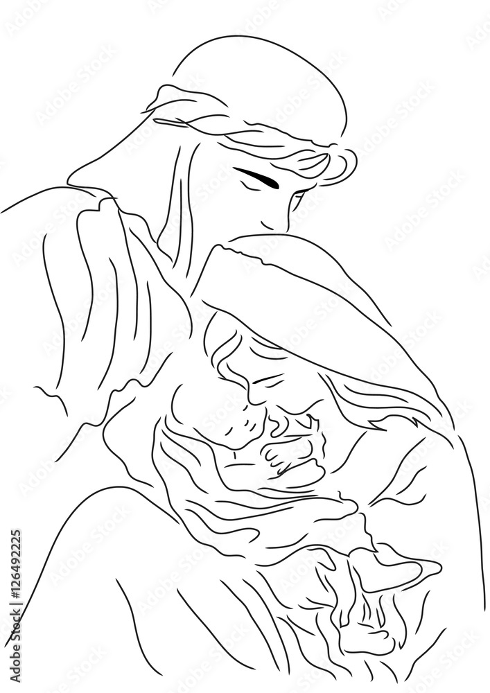 Baby Jesus Mary and Joseph | Christmas line art illustration | Bible ...
