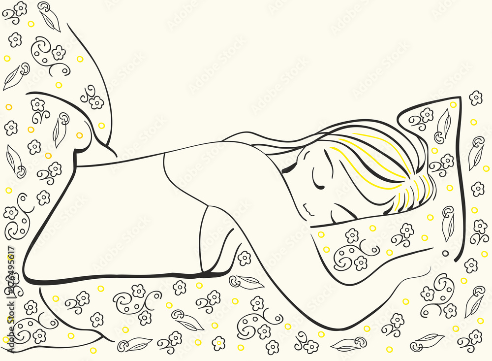Vector drawing of a girl sleeping in a bed with a flower pattern ...