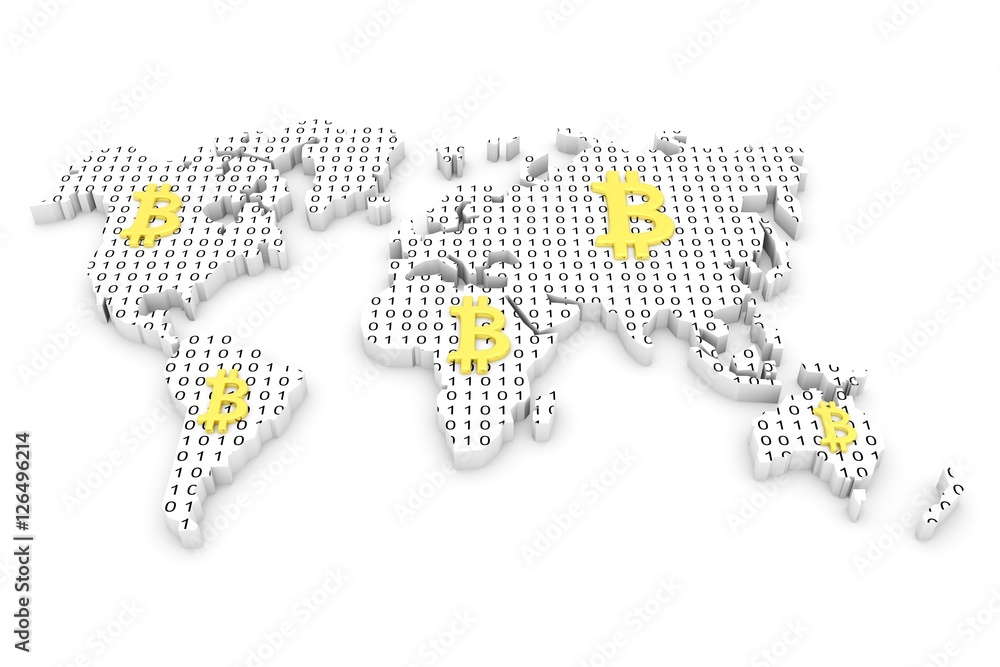 BITCOIN world map binary code 3d illustration Stock Illustration ...