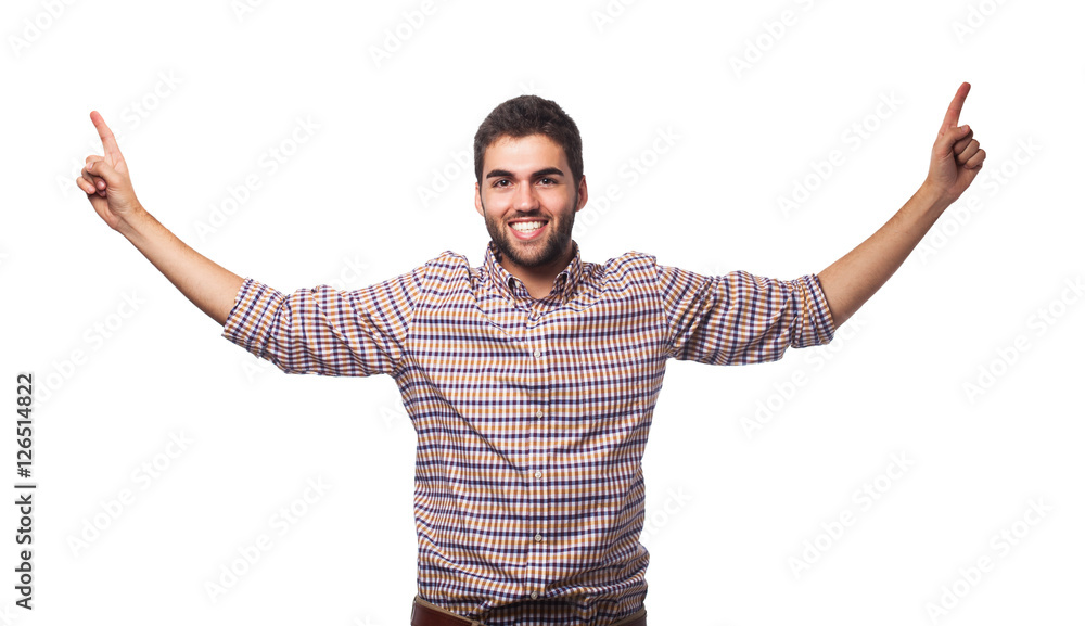 portrait of a young man pointing up with both hands Stock Photo | Adobe ...
