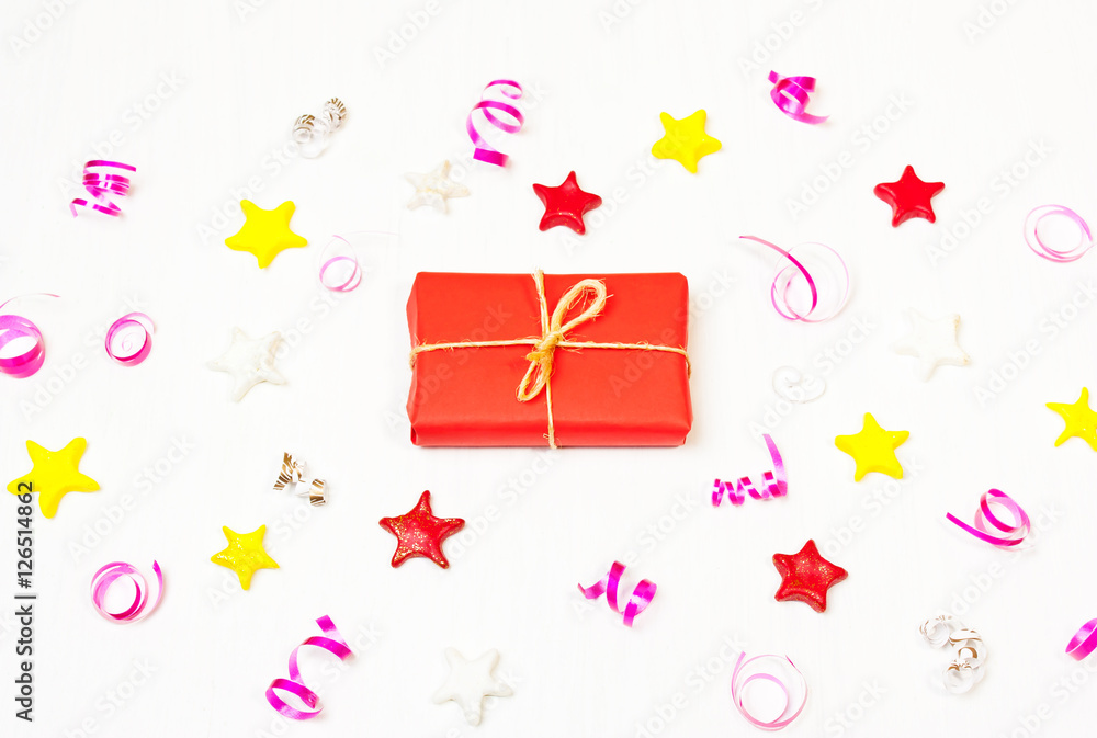Present in the frame of stars, confetti on a white background. Stock ...